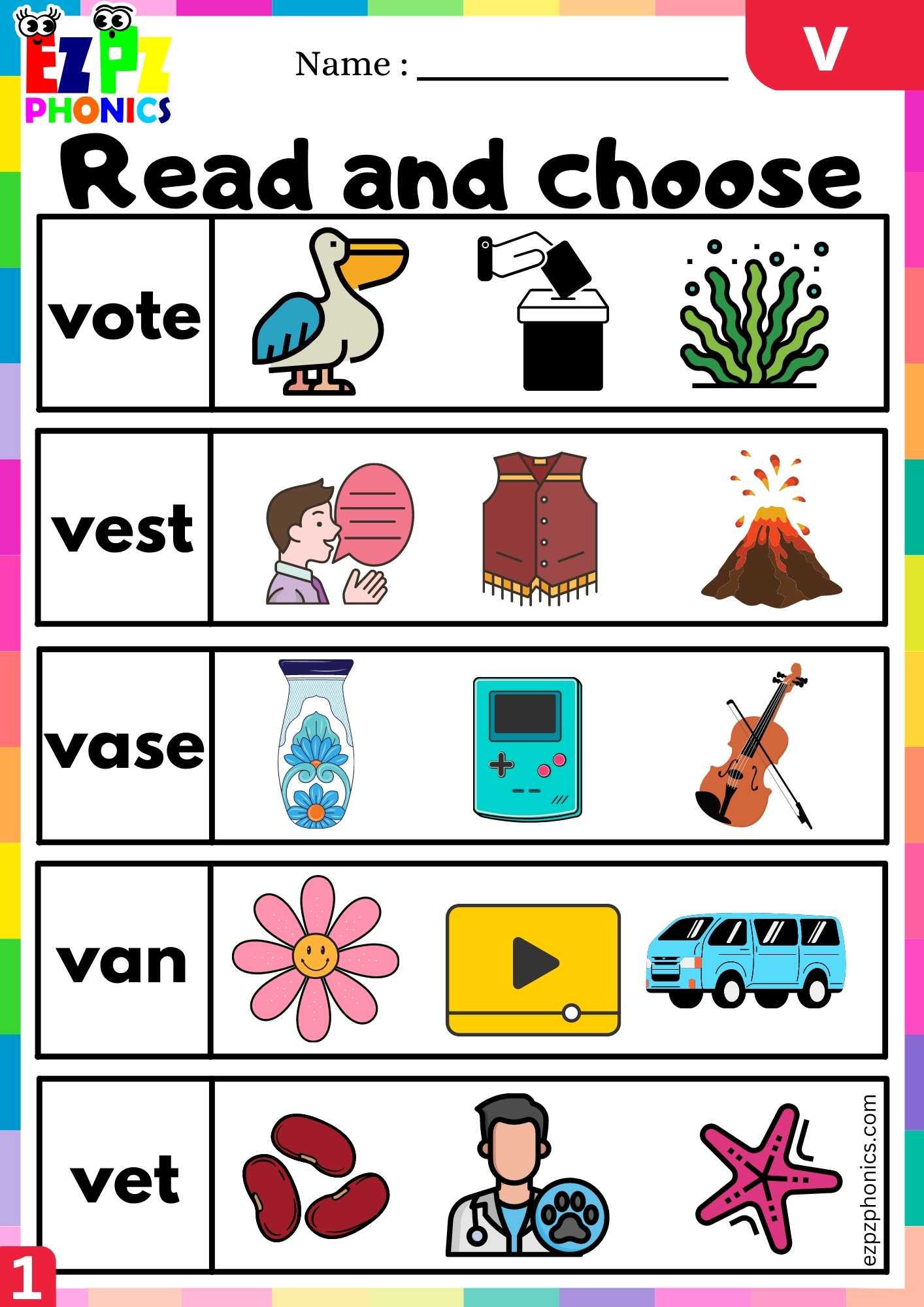 Letter V Read And Choose Beginning Sounds Worksheet - ezpzphonics.com